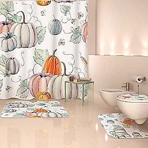 WILLBOND 4 Pcs Fall Shower Curtain Sets with Rugs Thanksgiving Watercolor Pumpkin Set Non Slip Toilet Lid Cover and Bath Mat 72 x Inches Hooks for Bathroom