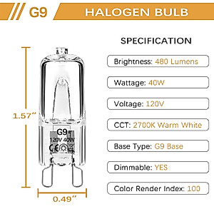 MIARALA G9 Halogen Light Bulbs 40W 120V Warm White 2700K Dimmable 6-Pack, No Flicker
