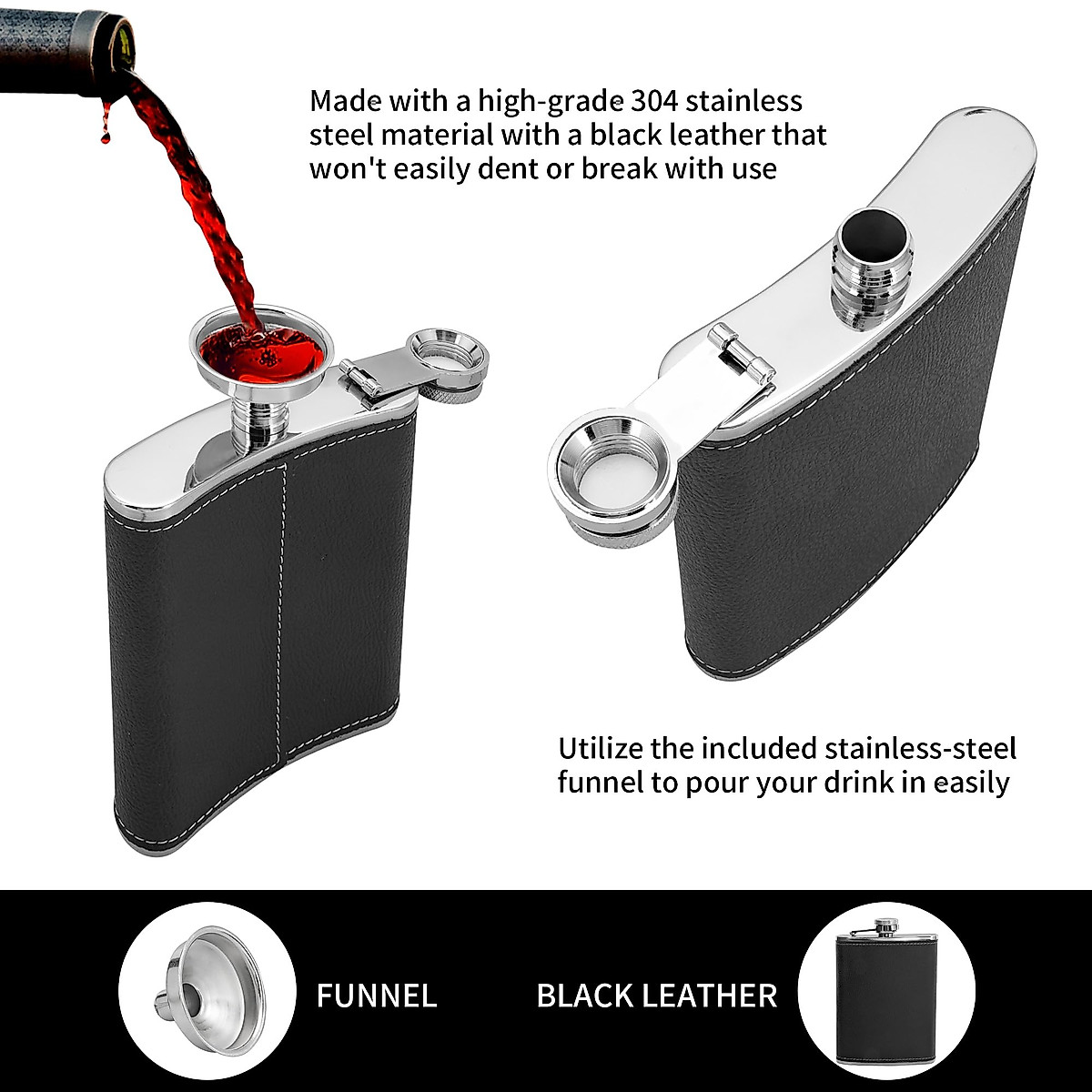 2 Pack 8 oz Leather Hip Flasks for Liquor for Men,Stainless Steel Hip Flasks with Funnel for Wedding Party, Leather Black Flasks for Liquor