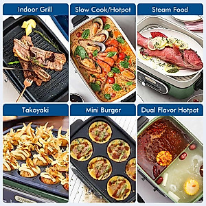 Joydeem 3-in-1 Electric Hot Pot, Multi-use Shabu Shabu Pot with Grill Pan & Steamer, UL Listed, Non-stick Ceramic Oil Coating, 4.5L, JD-HG9088G, Green