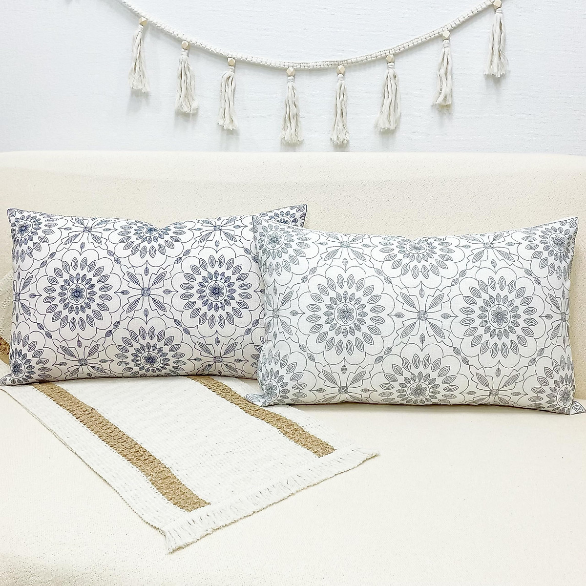 Slow Cow Linen Embroidery Decorative Lumbar Throw Pillow Cover Pillowcase Rectangular Pillow Cover Cushion Cover for Bed Couch Sofa 12 x 20 Inches Navy Blue