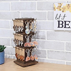 Ikee Design Elegant Wooden Rotating Jewelry Tower, 36 Hooks for Earrings, Bracelets, and Keychains, Versatile Countertop Rack for Store, Tradeshow, and Home, Brown Color