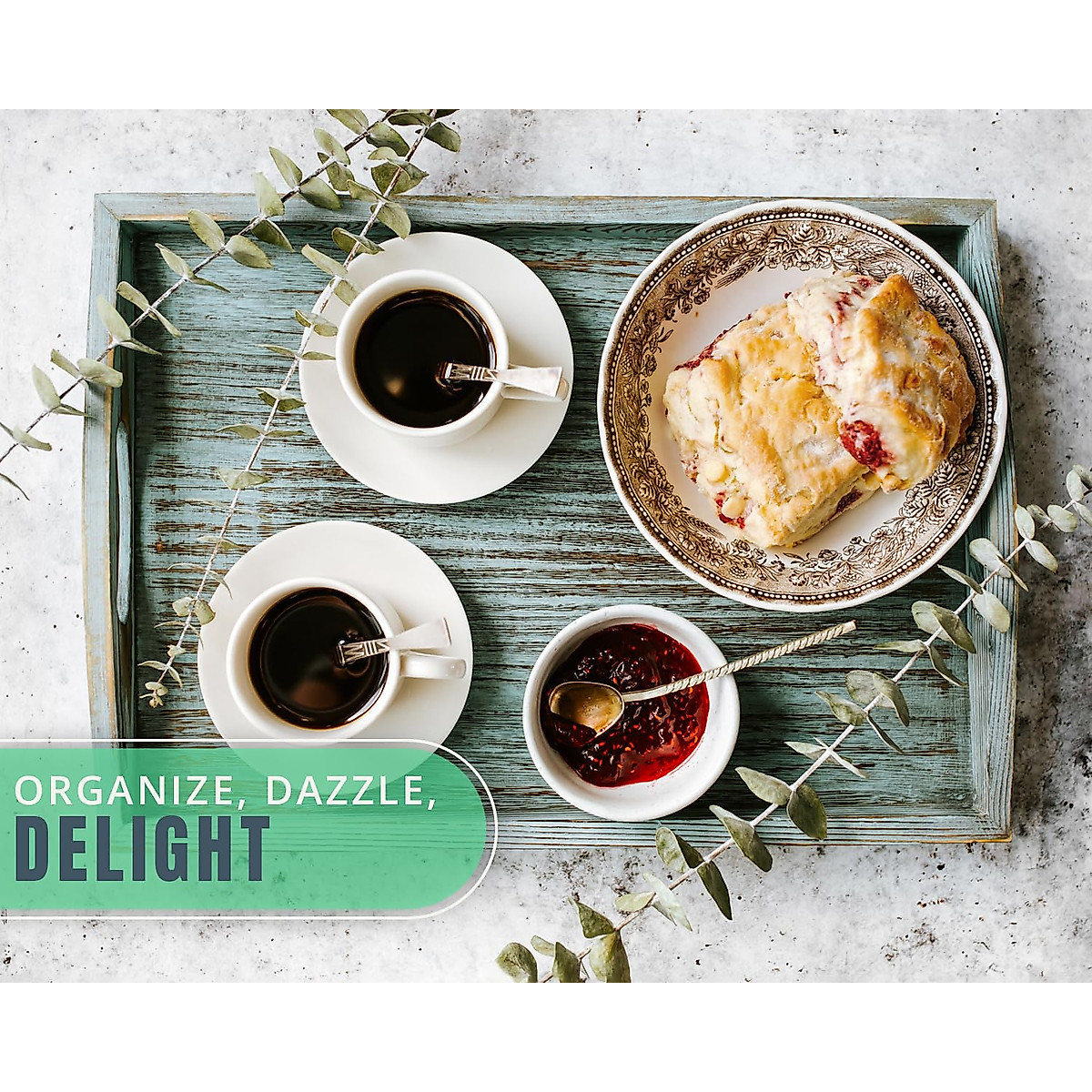 Serving Trays Set of 3 - Ottoman Wood Trays for Entertainment, Food and Décor - Rustic Farmhouse Distressed Wood Finish - Rustic Blue