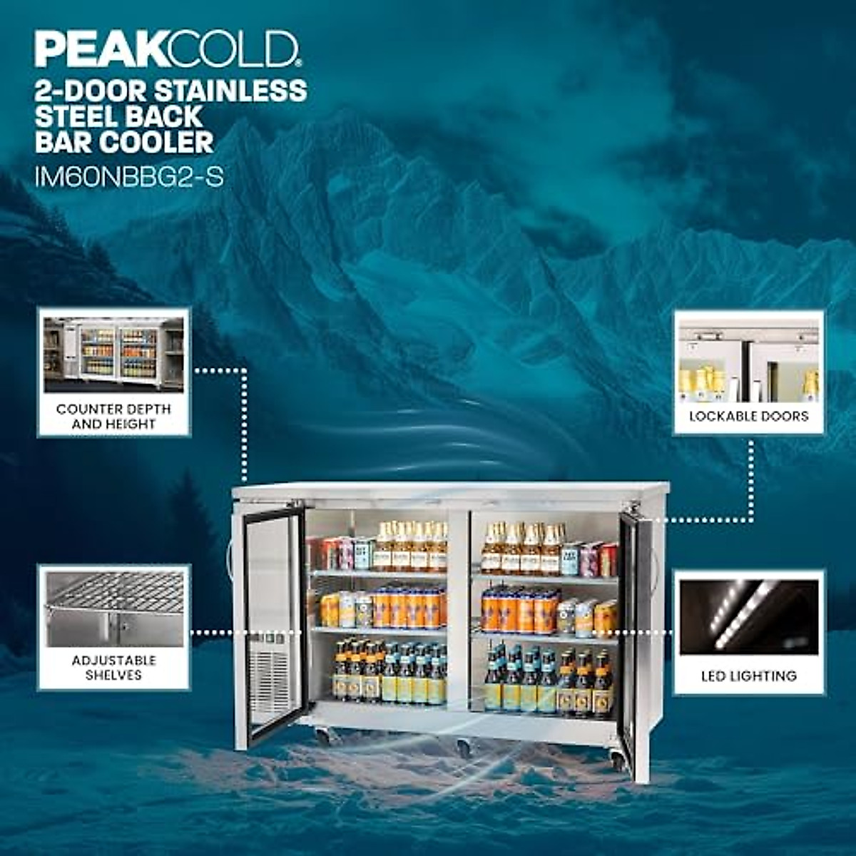 PEAKCOLD 2 Glass Door Commercial Back Bar Cooler; Stainless Steel Under Counter Refrigerator; 60" W