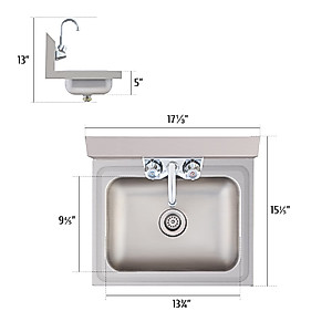 WILPREP Commercial Stainless Steel Sink for Hand Washing, NSF Commercial Utility Sink with Gooseneck Faucet, Wall Mount Kitchen Sink for Restaurant Bar RV Bathroom Laundry Room (17 x 15 Inches)