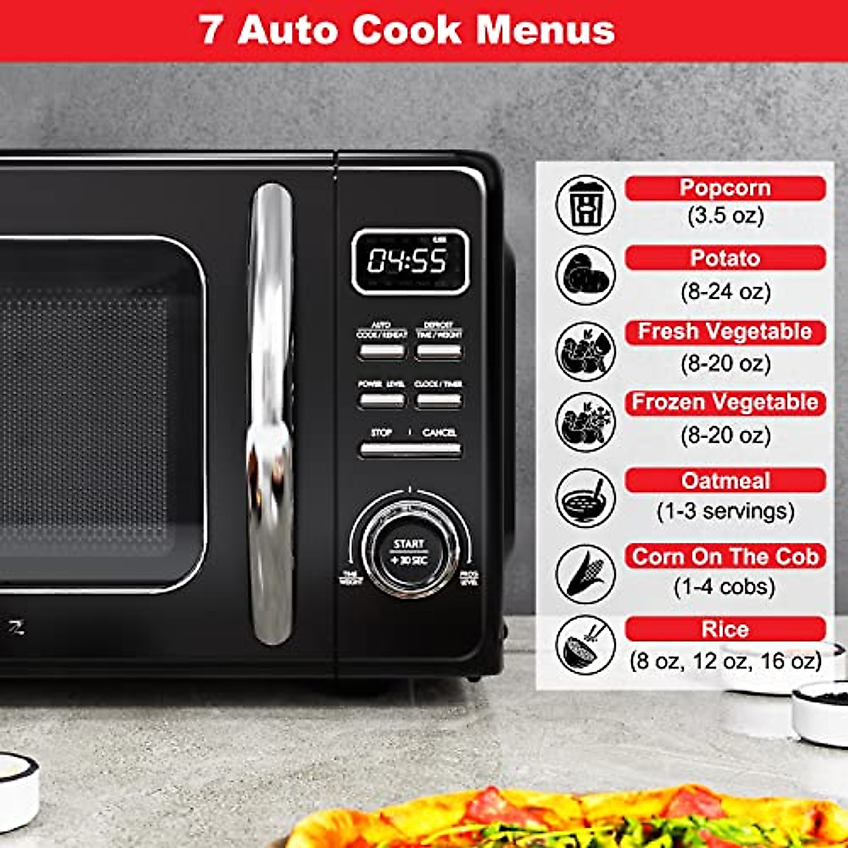 Galanz GLCMKZ09BKR09 Retro Countertop Microwave Oven with Auto Cook & Reheat, Defrost, Quick Start Functions, Easy Clean with Glass Turntable, Pull Handle, 0.9 cu ft, Black