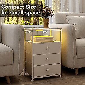 Tohomeor End Table with Charging Station LED Light Nightstand Bedroom Bed Side Dresser with 3 Fabric Drawers Open Storage Shelf Living Room Sofa End Table with USB Ports and Outlet (White, 1 Pack)