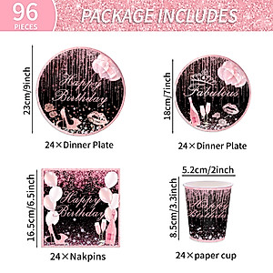Oigco Women Rose Gold Black Birthday Party Plates Napkins Birthday Party Supplies Pink Girls Paper Tableware Set Birthday Decorations 24 Guests