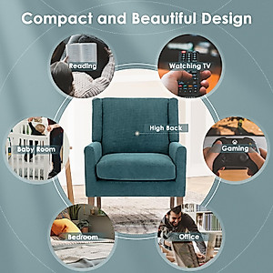 COLAMY Modern Wingback Living Room Chair, Upholstered Fabric Accent Armchair, Single Sofa Chair with Lounge Seat and Wood Legs for Bedroom/Office/Reading Spaces, Teal