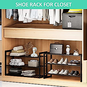 Bamboo Shoe Rack for Closet, 3-Tier Dampproof Shoe Organizer Free Standing Shoe Racks for Entryway and Closet Hallway Black Waterproof Shoe Storage Organizer for Indoor Outdoor (Black, 3-Tiers)