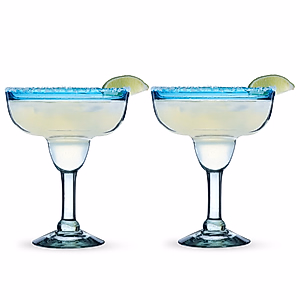 Segunda Vida Primavera Stemmed Margarita Glasses - Blue Rim Margarita Glass Set Made in Mexico - 100% Recycled Glass 10oz Set of 2