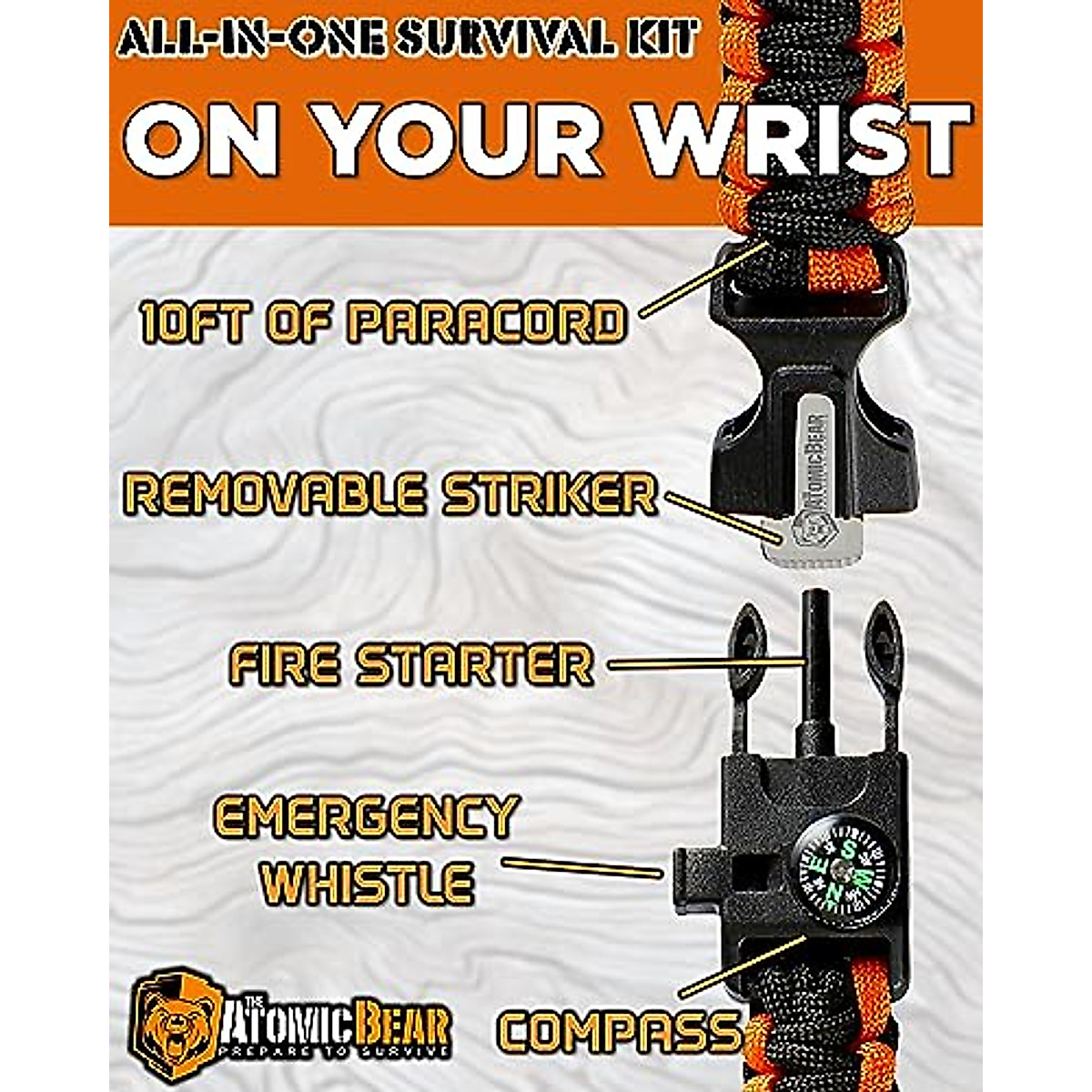 Atomic Bear Paracord Bracelet (2 Pack) - Adjustable - Fire Starter - Loud Whistle - Perfect for Hiking, Camping, Fishing and Hunting - Black & Black+Orange
