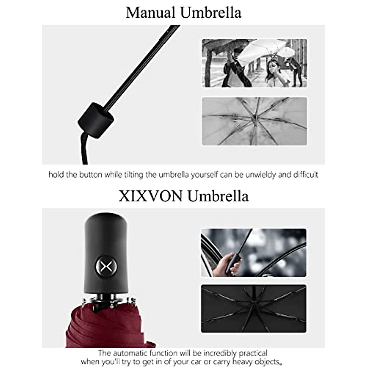 XIXVON Umbrella SE (8 Ribs, Red) | UPF 50+ 99% UV Protection, Lightweight, Automatic, Windproof, Travel Portable | Compact Folding Umbrella