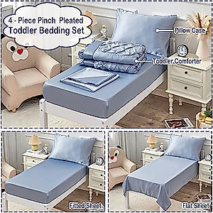 Toddler Bedding Set for Girls 4 Piece Pinch Pleated Grey Ruffle Fringe Pintuck Toddler Bed Comforter Set for Kids Bed-in-a-Bag Quilt Crib Sheet Set with Comforter,Flat Sheet,Fitted Sheet,Pillowcase