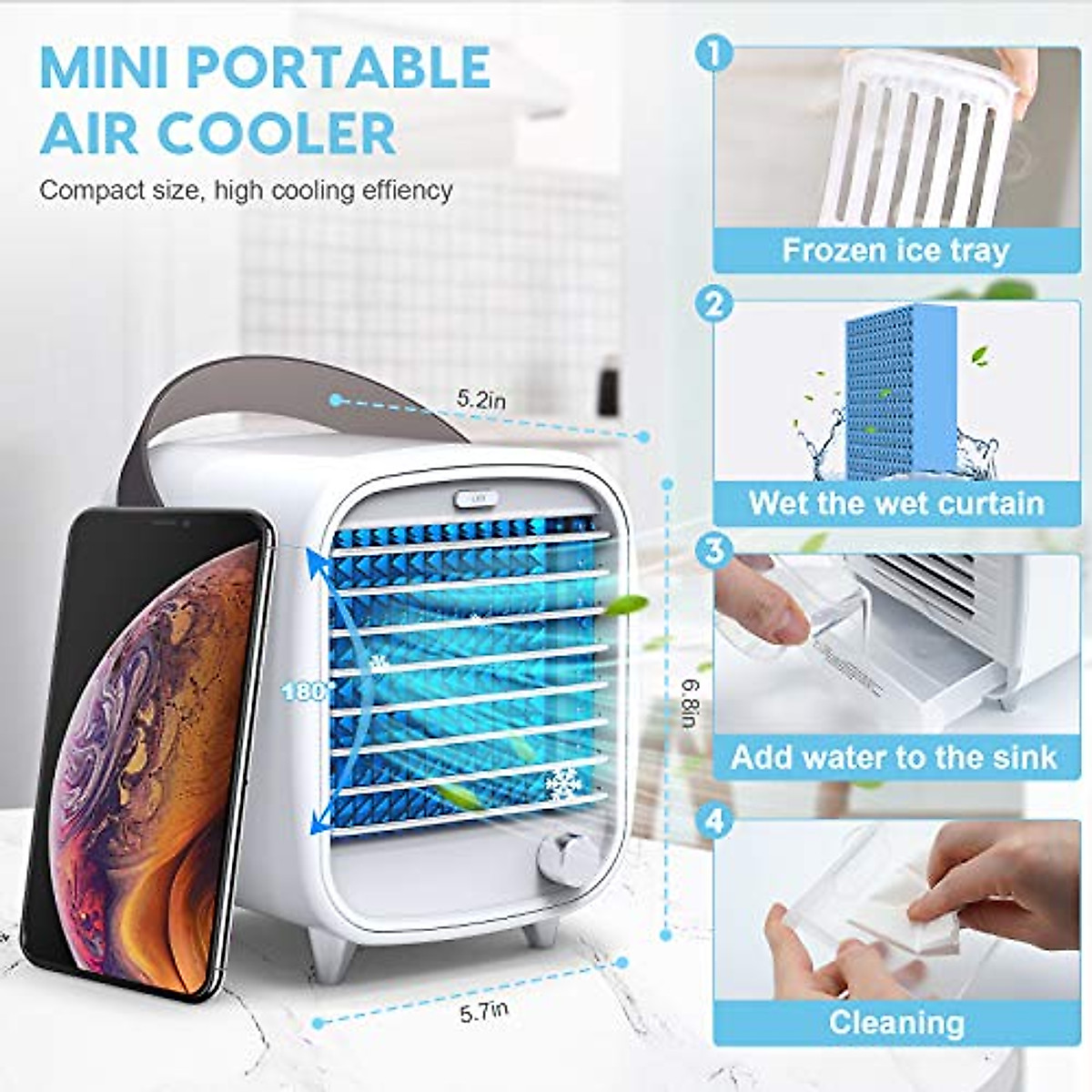 Portable Air Conditioner Fan for Office - Mini Desktop Evaporative Air Car Amplifier Cooling Fan, Adjustable Direction, Build-in Ice Tray Water Tank, Zero Noise Personal Cooler for Small Room Dorm