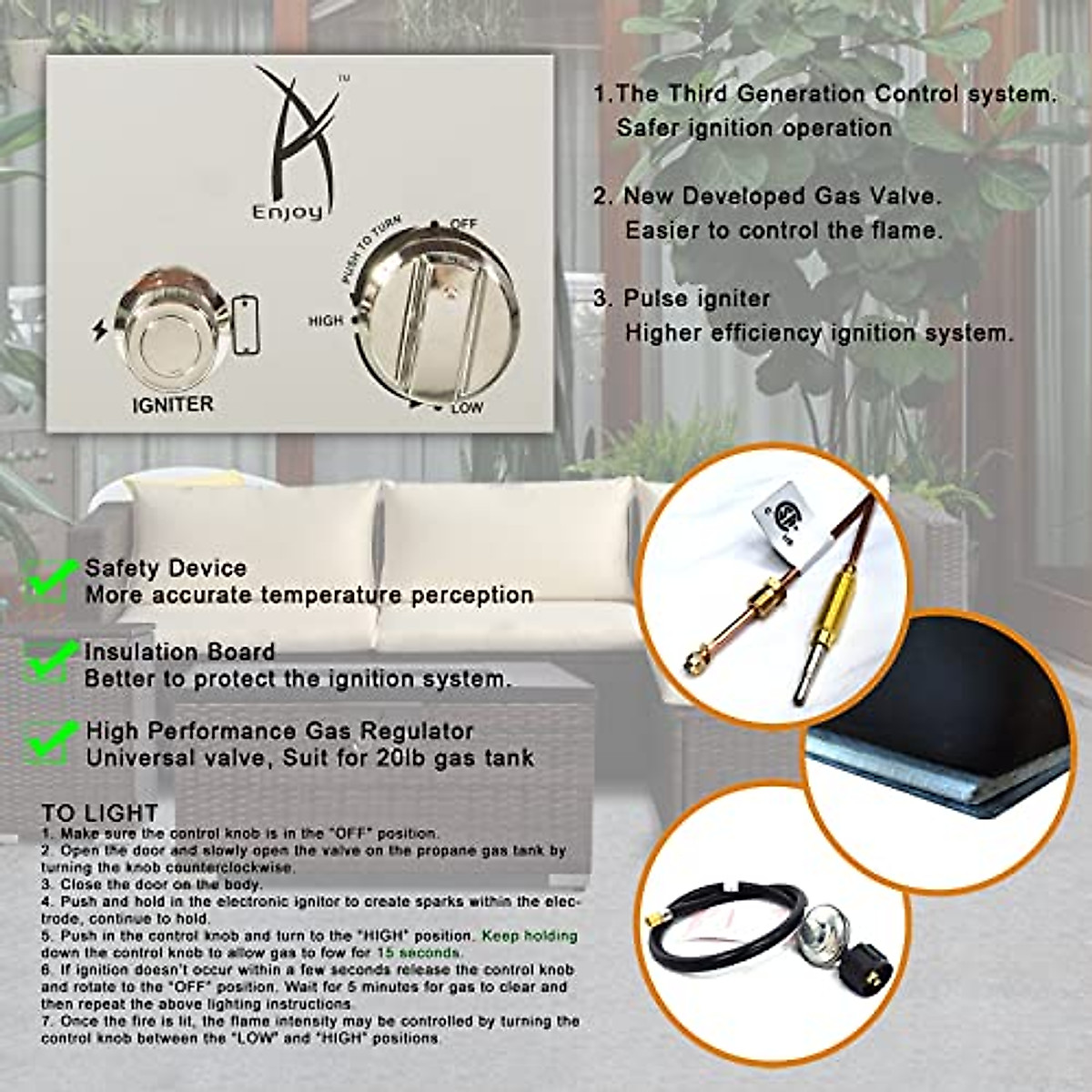 AJ Enjoy 32in Gas Fire Pit Table Set, 50,000 BTU Propane Fire Pit Table Outdoor with Rain Cover, Hideaway Tank Holder Fits 20lb Tank, Gas Fire Pit for Outside w/Ceramic Tabletop and lid, Glass Rocks