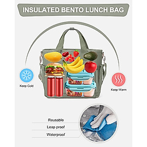 UPPACK Insulated Lunch Bag Women Large Lunch Tote Bag with Shoulder Strap Adult Lunch Box Fit and Fresh Lunch Bags for Women Men Lunch Boxes for Work Grey Green Lunch Bag with Water Bottle Holder