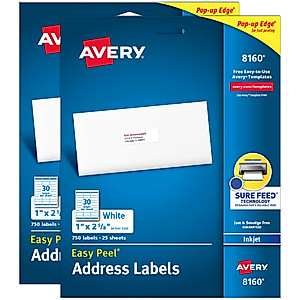 Avery Easy Peel Printable Address Labels with Sure Feed, 1" x 2-5/8", White, 750 per Pack, 2 Packs, 1,500 Blank Mailing Labels Total (08160)