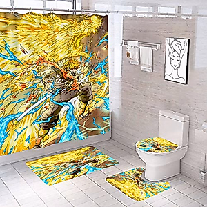 4 Piece Anime Shower Curtain Set with Non-Slip Rug, Toilet Lid Cover, Bath Mat and 12 Hooks, Waterproof Shower Curtain Set for Bathroom