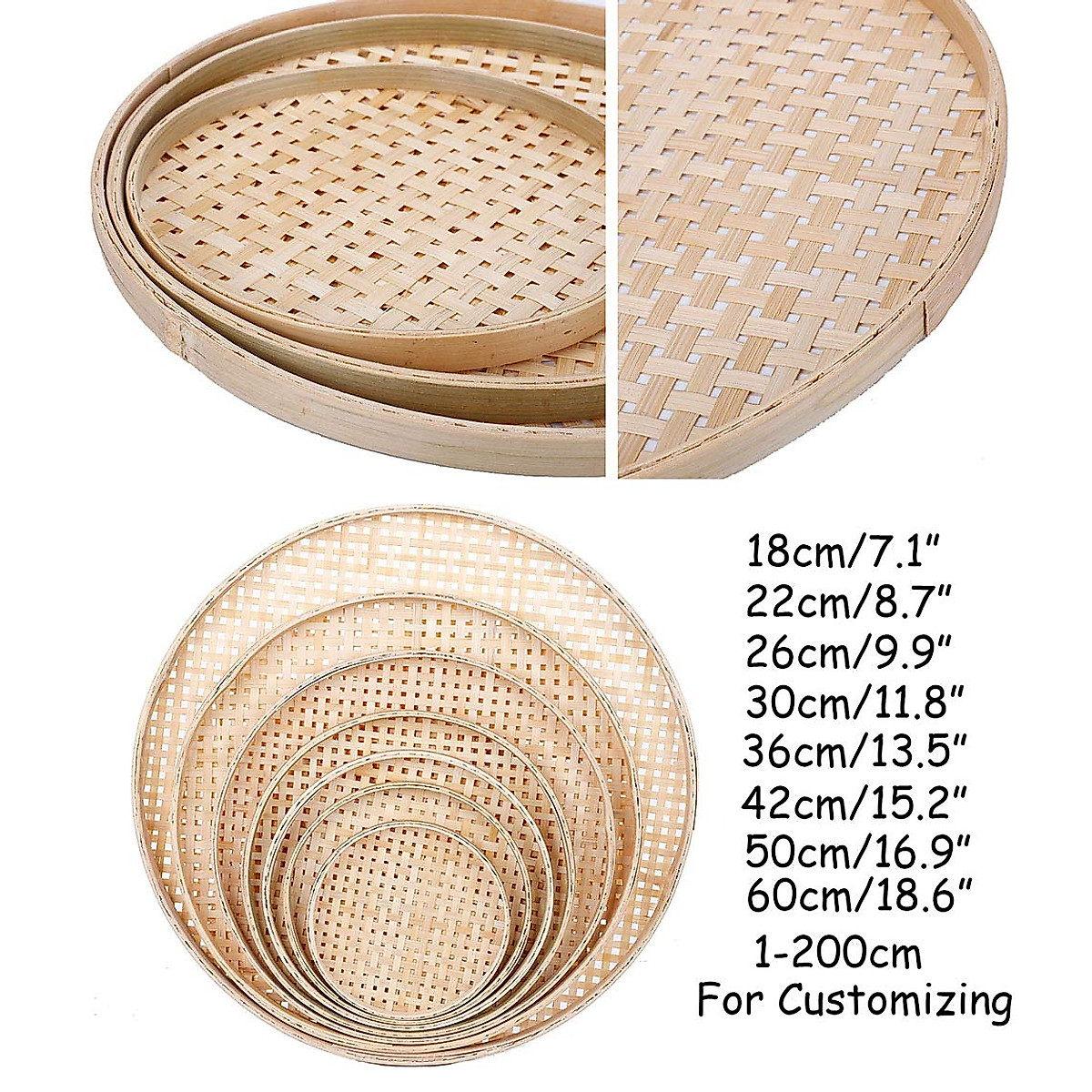 100% Handwoven Flat Wicker Round Fruit Basket Woven Food Storage Weaved Shallow Tray Organizer Holder Bowl Decorative Rack Display Kids DIY Drawing Board (Sqaure Hollow-Bamboo White, 50cm/19.7")