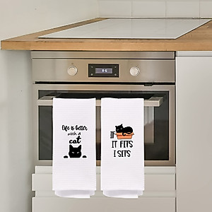 NEGIGA Cat Kitchen Towels and Dishcloths Sets 24x16 Inch Set of 4, Funny Black Peeking Cat Decor Decorative Dish Hand Tea Bath Towels for Kitchen Bathroom,Cat Lovers Girls Gifts