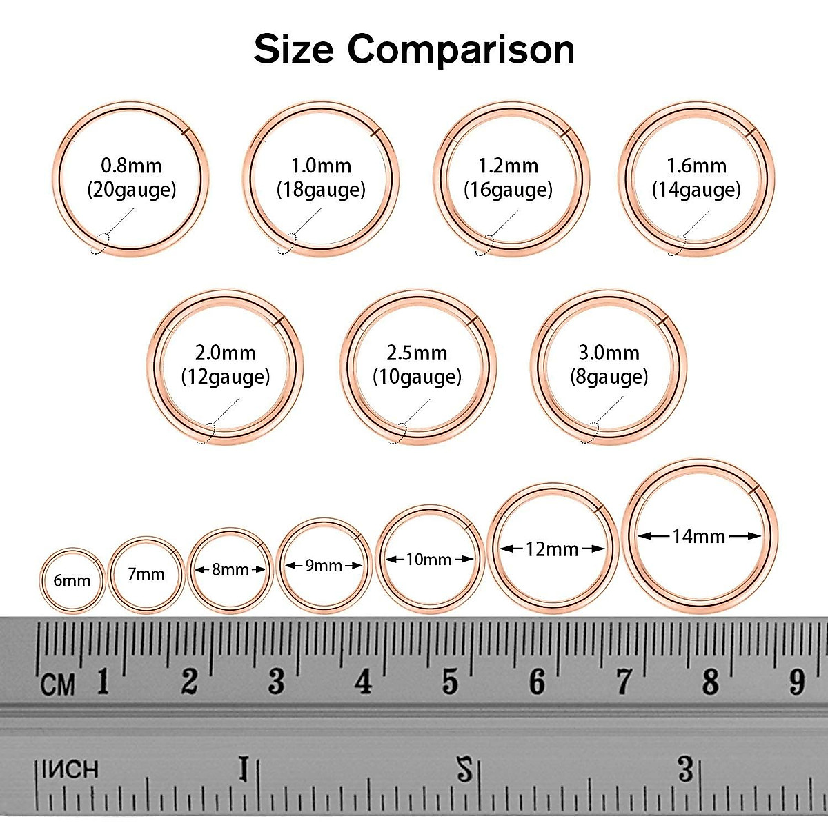 Conch Hoop Ring Hinged Segmet Clicker Seamless Nose Rings Hoops 316L Surgical Steel Rose Gold Septum Jewelry 16G Cartilage Tragus Earrings Helix Rook Daith Ring Lobe Lip Hoop Piercing Jewelry 10mm