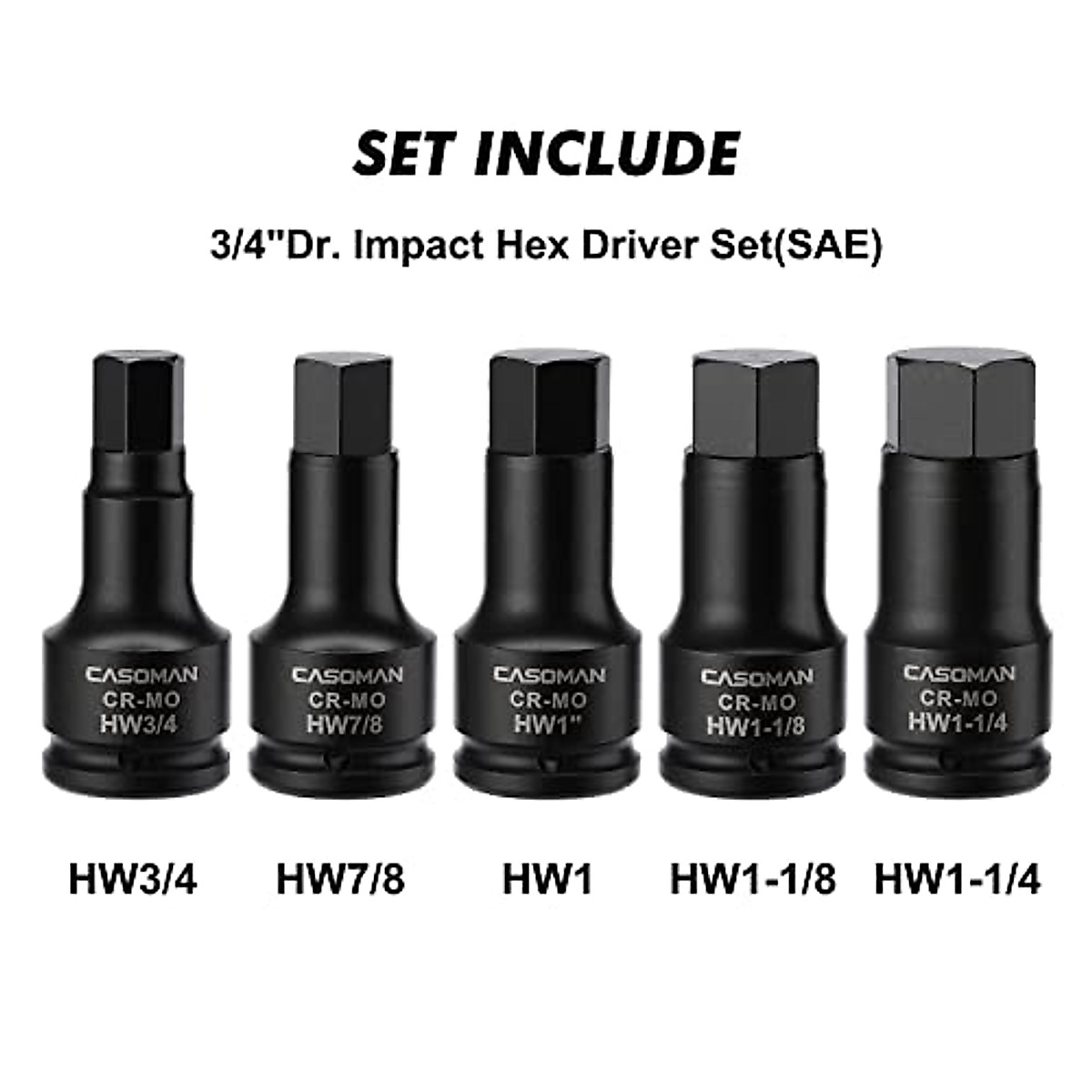 CASOMAN 3/4 Inch Drive Impact Hex Driver Set, 5-Pieces, SAE, 3/4", 7/8", 1", 1-1/8", 1-1/4", 3/4" Drive Master Impact Hex Bit Set, CR-MO, Impact Grade, One-Piece Construction