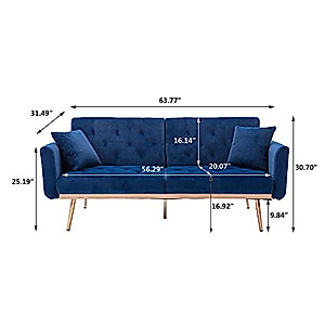 Woanke Mid Century Modern Velvet Fabric Home Living Room Bedroom, Convertible Futon Bed, Accent Sofa Recliner, Golden Metal Legs, 2 Couch Pillows, Navy