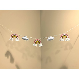 JUJOBEE Boho Rainbow, Clouds, Wooden Bead Wall Decor 4ft. Garland Tapestry, Nursery Wall Decor, Baby Decor, Wall Decor, Boho Rainbow Decor, Classroom Decor (Pink Theme) PINK, BLUE, NEUTRAL GRAY