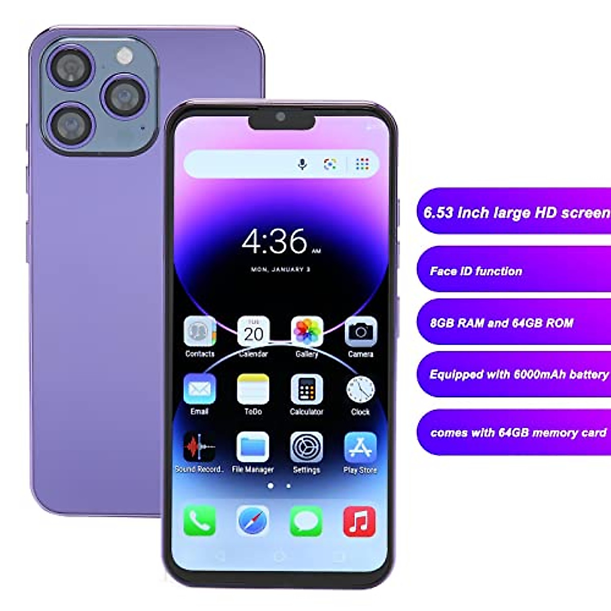 Qinlorgo Smartphone, Dark 3 Card Slots 6.53 Inch 8GB RAM 64GB ROM Unlocked for Business (US Plug)