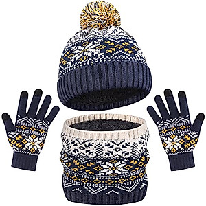 AOTOW Kid Hat Scarf Gloves Set - Winter Knit Beanie Hat Boys Winter Hat Kids Hats & Gloves Set Neck Warmer Touch Screen Mitten for Boy Girl 5-10 Year Three-Color Stitching