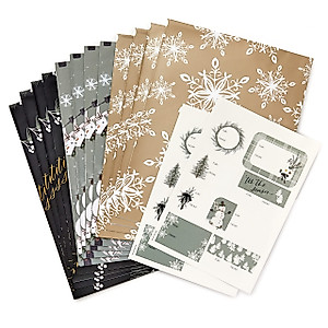 Hallmark Christmas Flat Wrapping Paper Sheets with Cutlines on Reverse (12 Folded Sheets with Sticker Gift Tags) Metallic Gold, Sage Green, Black, Rustic Snowmen, Snowflakes, Tis the Season"