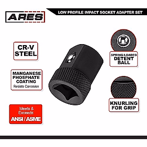 ARES 70198 - Low Profile Impact Socket Adapter Set - Impact-Rated Heat-Treated Chrome Vanadium Steel Features Knurling For Enhanced Grip
