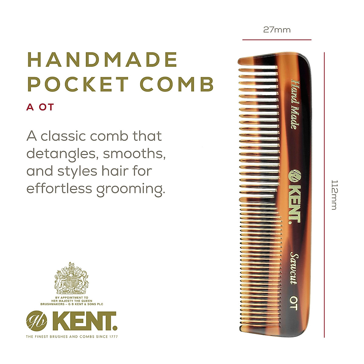 Kent A OT Double Tooth Hair Pocket Comb, Small Fine / Wide Tooth Comb For Hair, Beard and Mustache, Coarse / Fine Hair Grooming Comb for Men, Women and Kids. Saw Cut Hand Polished. Handmade in England