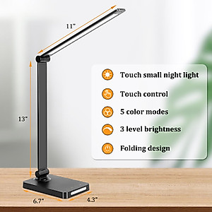 Dott Arts LED Desk Lamp, Touch Control Desk Lamp with 3 Levels Brightness, Dimmable Office Lamp with Adjustable Arm, Foldable Table Desk Lamp for Table Bedroom Bedside Office Study, 5000K, 8W, Black