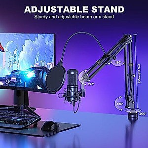 Aokeo USB Condenser Microphone, 192kHZ/24bit Professional PC Streaming Podcast Cardioid Microphone Kit with Boom Arm, Shock Mount, Pop Filter, for Recording, Gaming, YouTube,Meeting, Discord