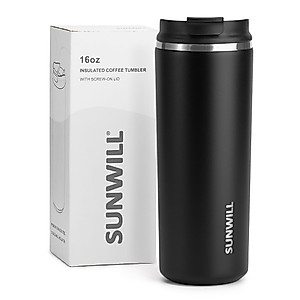 SUNWILL Coffee Tumbler Cups, Insulated Coffee Mug with Lid, 16 oz Stainless Steel Travel Coffee Cup, Powder Coated Black