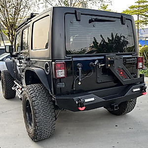 TIOYAR Rear Bumper Off-Road Compatible with 2007-2017 Jeep Wrangler JK & JKU w/Tire Carrier Linkage & LED Lights