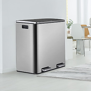 Arlopu 16 GallonStainless Steel Trash Can, 60L Dual Compartment, Metal Kitchen Step Recycle Bin, Metal Double Dustbin, in-Home Garbage Rubbish Can W/Removable Liner Buckets (Silver)