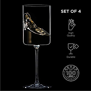 BENETI Large Square Wine Glass Set of 4-14 oz European-Made Hand Blown Glass White Wine Goblets w/Laser-Cut Rim, Dishwasher-Safe Crystal Clear Red Wine Glass Gift Set