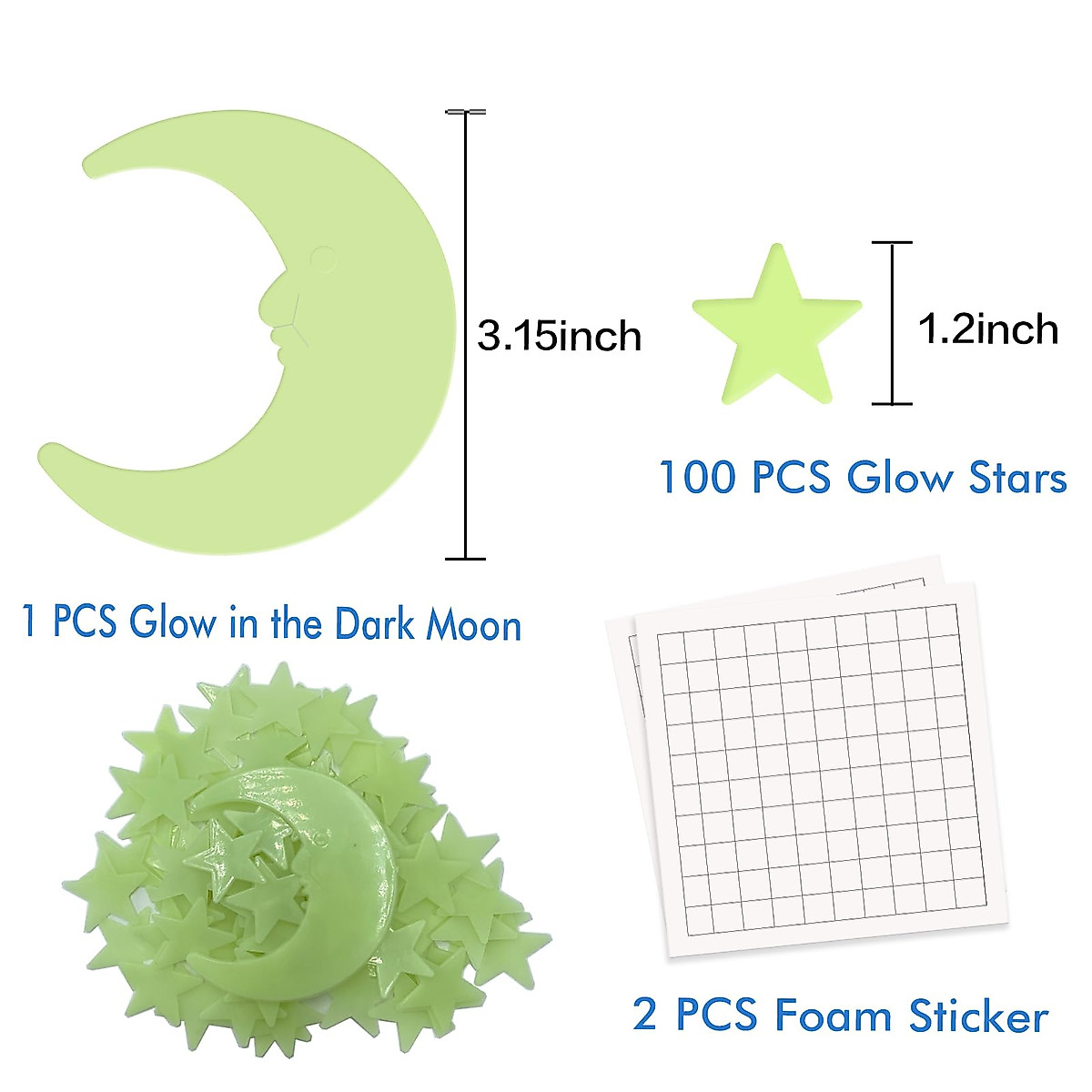 Glow in The Dark Star Stickers 100Pcs Stars for Ceiling,3D Glowing Stars with Moon,Adhesive Glowing Stars for Ceiling,Wall Decorations,Room Decor,Birthday Gift