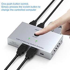 USB 3.0 Switch, AVMTON USB Switcher Selector 2 Computers Share 4 USB 3.0 Devices KVM Switcher Box for PC, Printer, Keyboard, Scanner, Mouse, One Button Control Metal Switch Adapter, 2 USB Cables