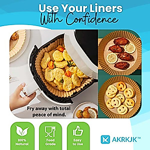 AKRKJK 50 Air Fryer Liners and 3 Magnetic Cheat Sheets - Food-Grade Disposable Air Fryer Parchment Paper Liners - Time-Saving Air Fryer Cheat Sheet Magnets - Cook Cleaner and Faster