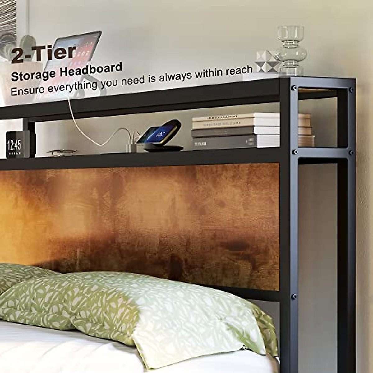 LUXOAK King Size Bed Frame, Platform Bed Frame with 2-Tier Storage Headboard and Charging Station/No Box Spring Needed/Noise Free/Industrial/Rustic Brown