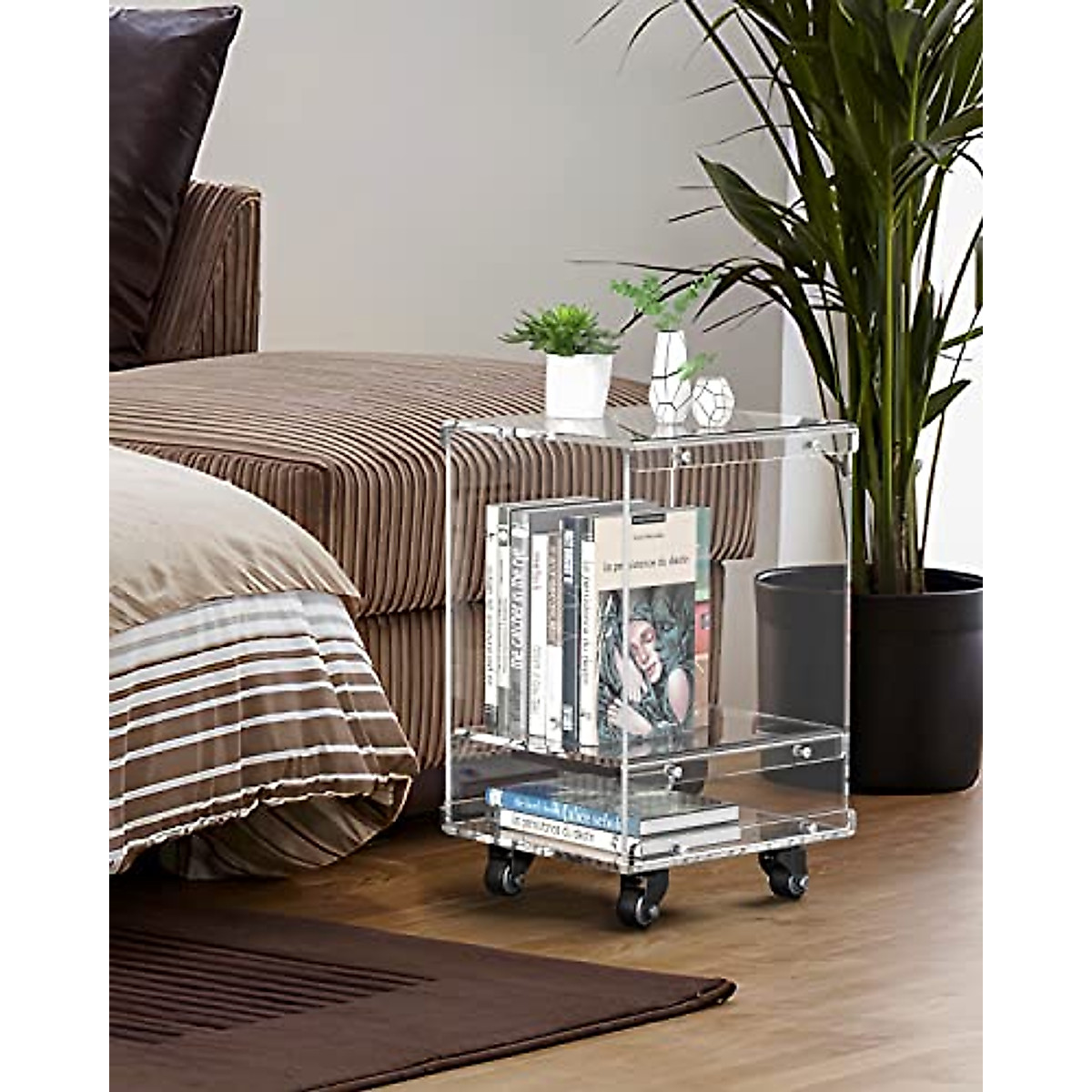 KSacry Acrylic Rolling Cart for Small Space,Mobile End Table with Two Tier Rolling Cart,Acrylic Nightstand/Bedside Table for Living Room, Bedroom (12.6" L × 11.8" W × 19" H)