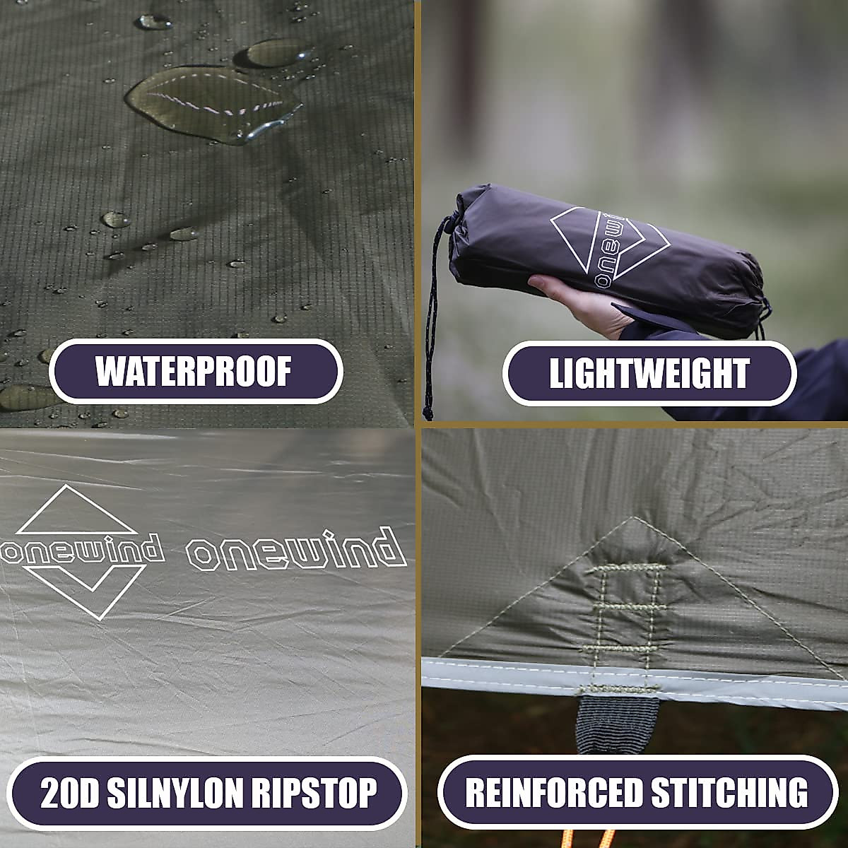 Onewind 11ft Hammock Tarp, Lightweight Silnylon Hammock Rain Fly, 4000mm Waterproof 4-Season Multiple Shelter Solution Camping Tarp Tent with Complete Accessories, OD Green