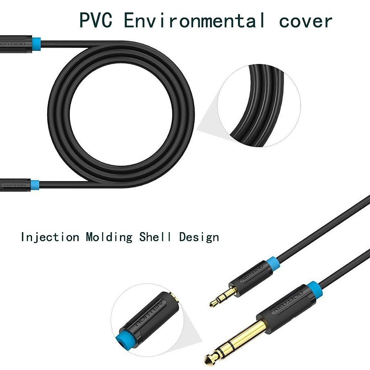 EVNSIX Audio Instrument Cable - 5FT 1/8" Male to 1/4" Male Aux Jack TRS Stereo Audio Cable for iPhone, iPod,Guitar Laptop Amplifier Microphone/24K 15U Gold Plated PVC Infection Molding Shell