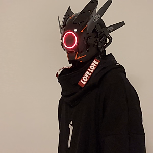 YYINYUAN Futuristic Cyberpunk Mask, Cyber Techwear Helmet Cosplay Costume, Black & Red Led Mask Face Mask Halloween Cosplay Mask for Men, Women (B-H-C-M)