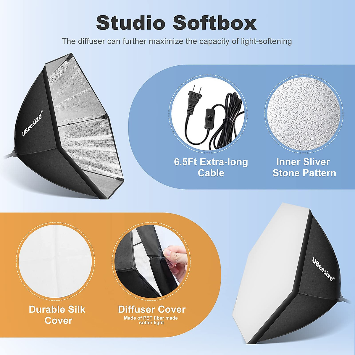 UBeesize Softbox Photography Lighting Kit, 30"X30" Professional Softbox Lighting Kit with 2pcs 40W E26 Socket 8000K Bulbs, Continuous Lighting Kit for Portraits Advertising Shooting, Video Recording