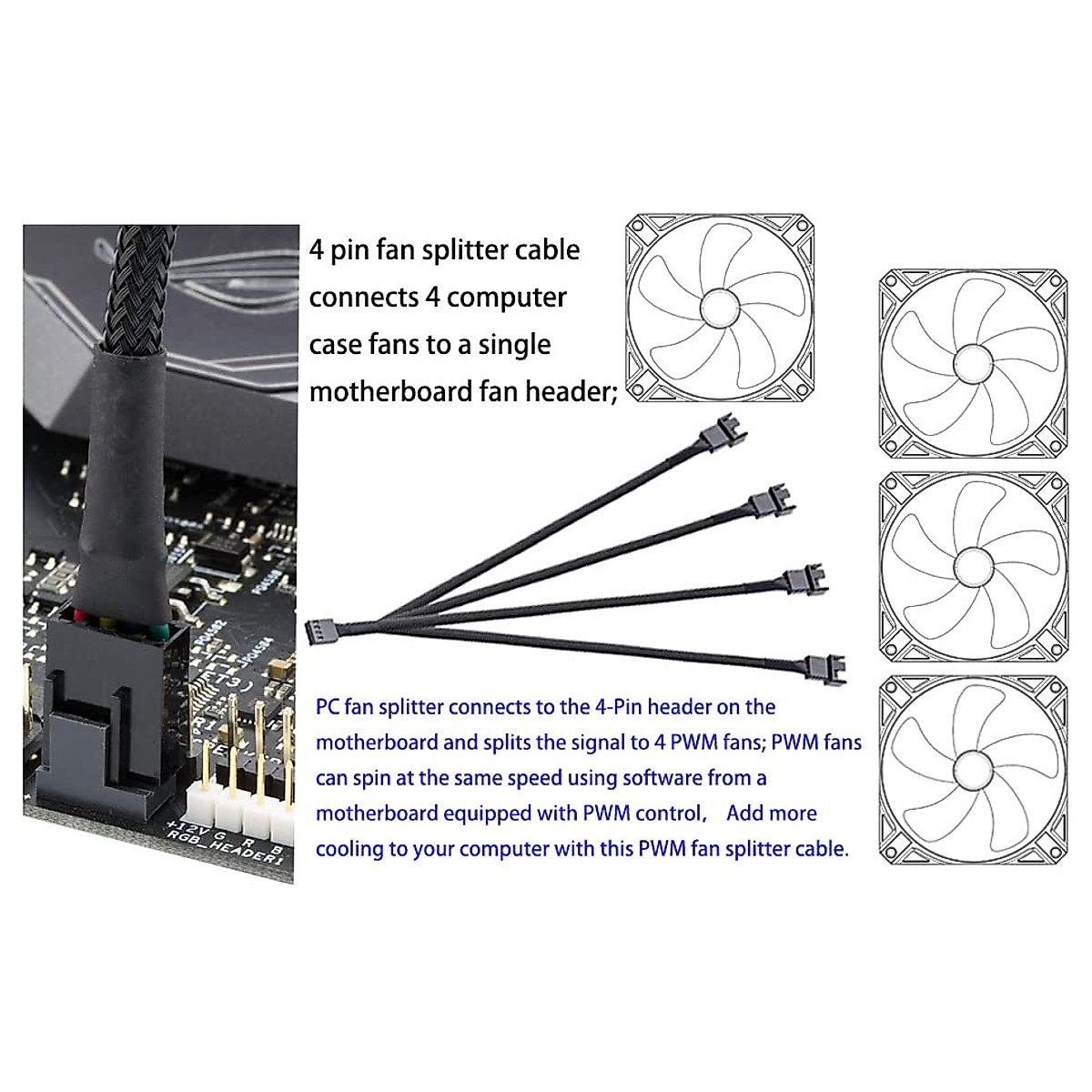 3 Way 4 Pin PWM Fan Splitter,Adapter Cable Sleeved Braided Y Splitter PC 4 Pin Fan Extension Power Cable Fan Header Splitter，Converter for Computer ATX Case Cooling Fan Cable(1to2-3p)